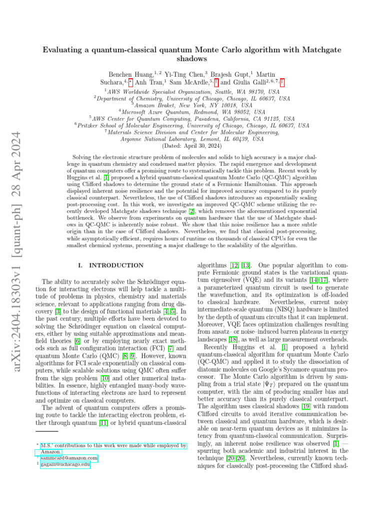 Evaluating A Quantum-Classical Quantum Monte Carlo Algorithm With Matchgate Shadows | PDF ...