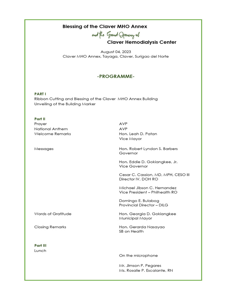 Blessing of the Claver MHO Annex Program FINAL | PDF