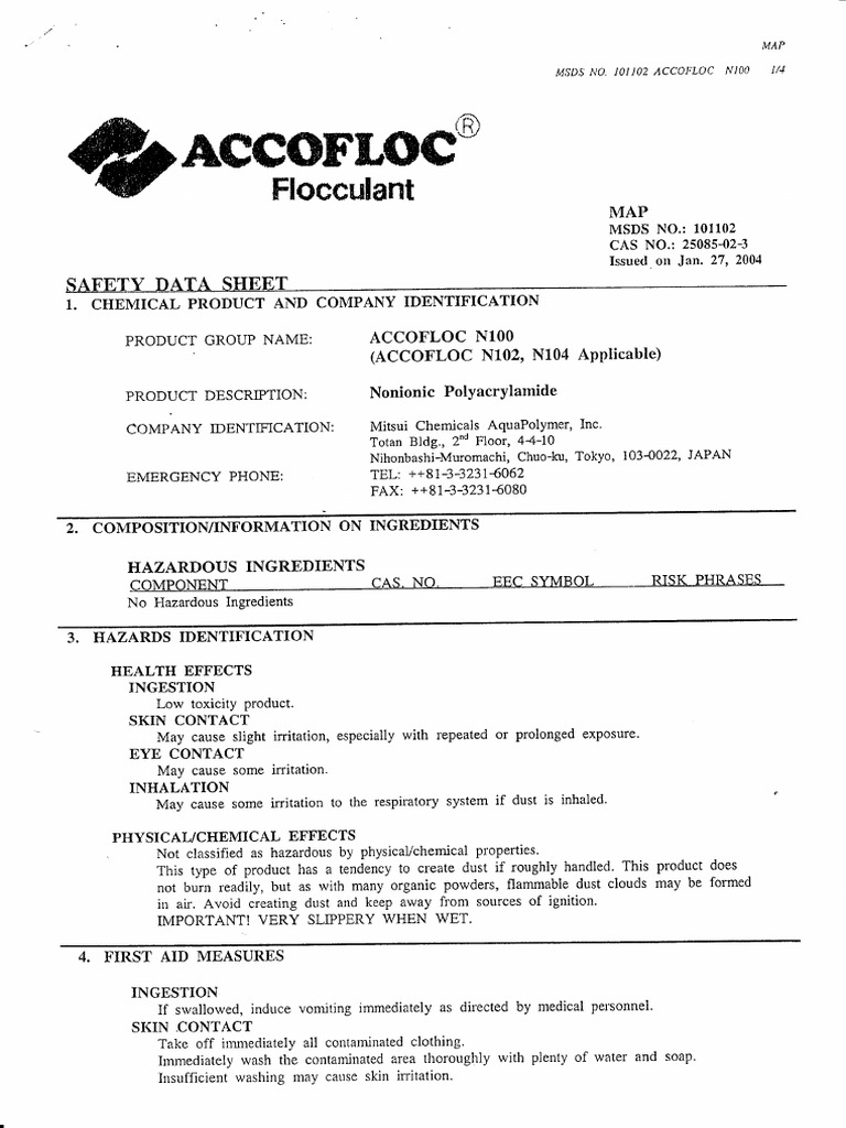 Mitsui (United) - Accofloc N-100 - MSDS | PDF | Dangerous Goods | Pollution