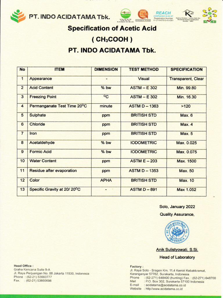 Spec of Acetic Acid IA | Download Free PDF | Chemical Compounds ...