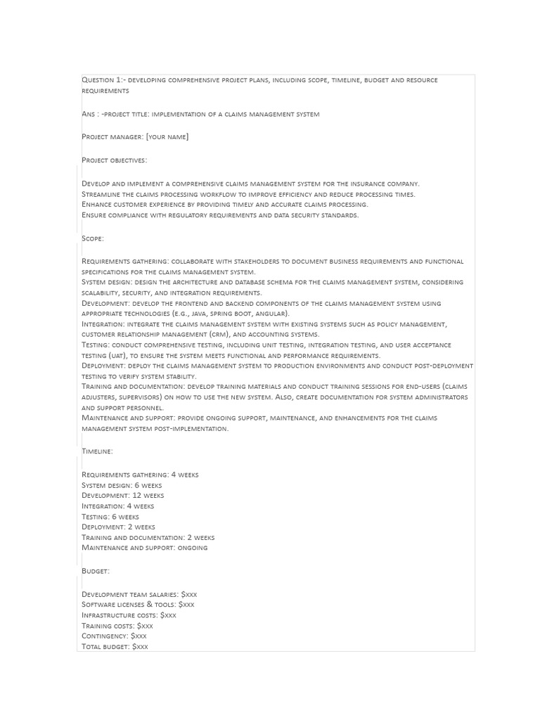 Claims Management System Project Plan | PDF | Project Management | Risk