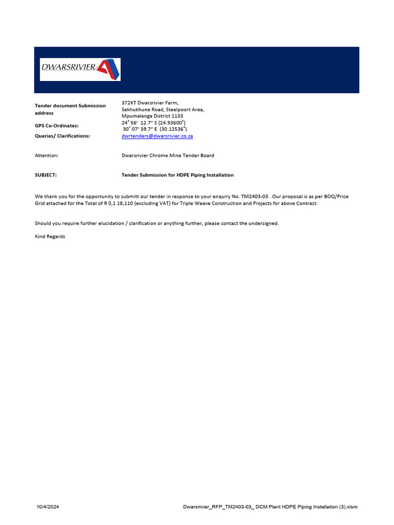 Dwarsrivier - RFP - TM2403-03 - DCM Plant HDPE Piping Installation ...