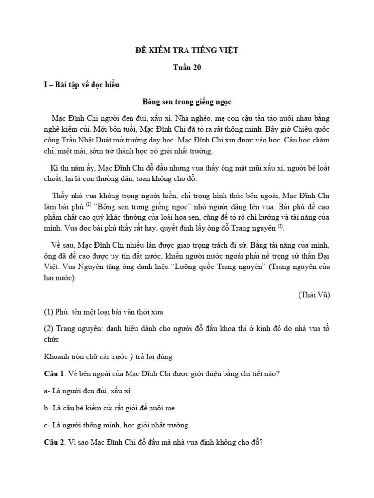 De Kiem Tra Tieng Viet Cuoi Tuan Lop 4 Tuan 20 | PDF