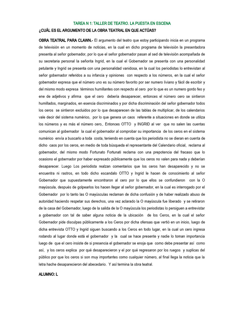 Argumento de La Obra Del Teatro - Tarea | PDF