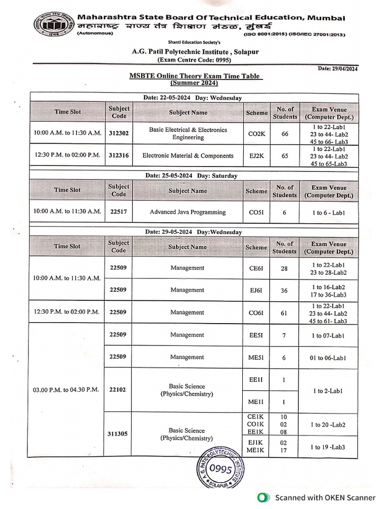 Online Exam Time Table Summer 2024 | PDF
