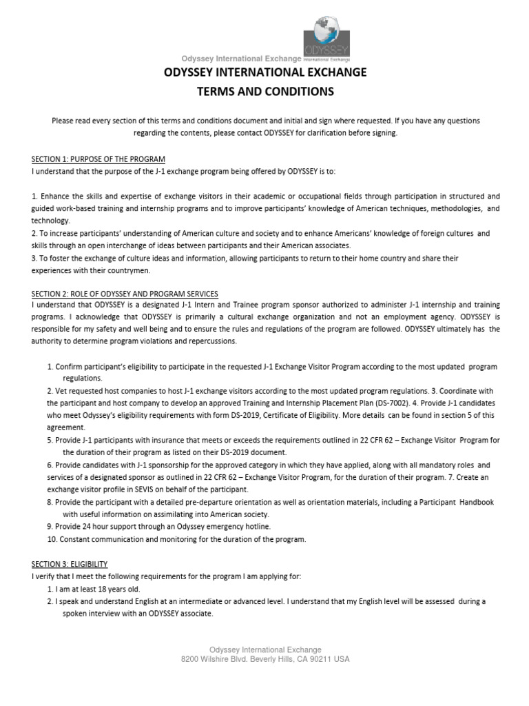 Odyssey International J-1 Program Terms | PDF | Business