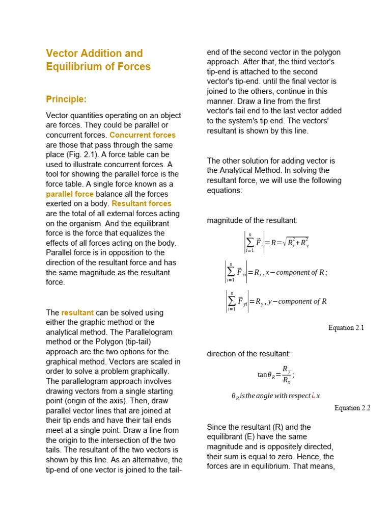 Lesson 1 - Vector Addition and Equilibrium Forces | PDF | Force | Euclidean Vector