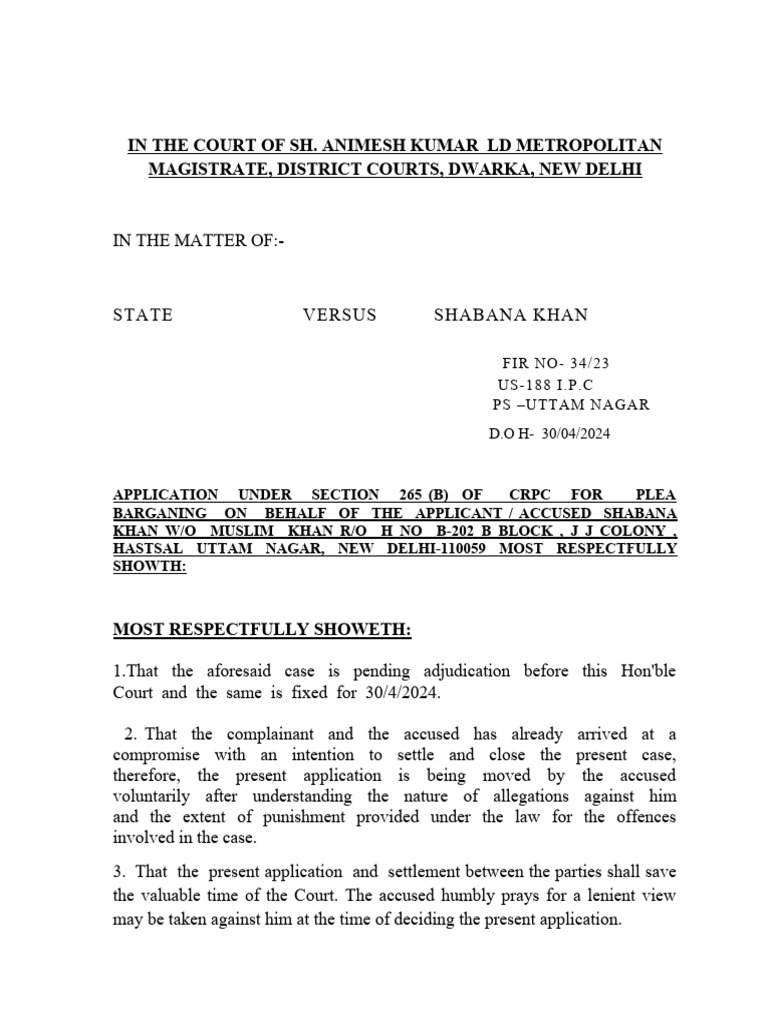 Plea Bargaining Application for Shabana Khan | PDF | Government | Legal ...