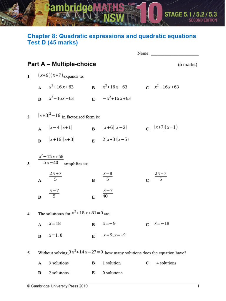 Quadratic Equations Worksheet and Test | PDF | Quadratic Equation ...