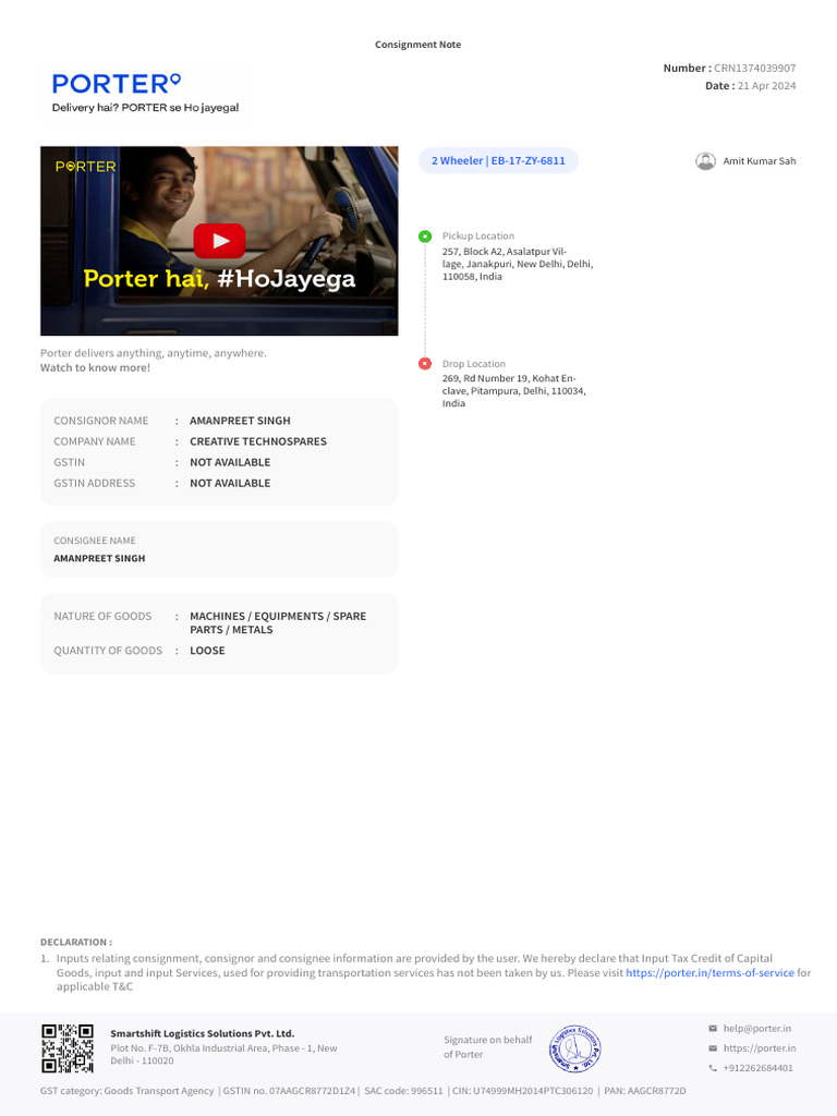 Porter Consignment Note (CRN1374039907) | PDF | Science & Mathematics