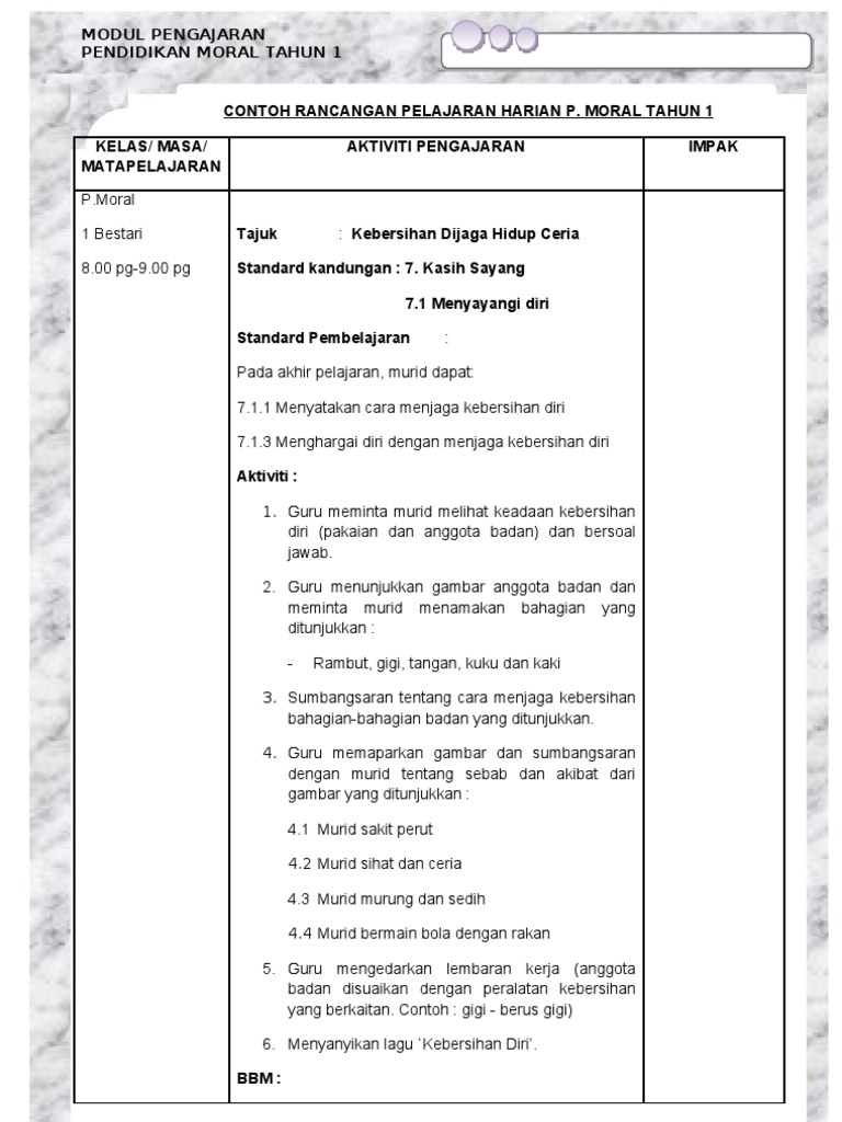 Contoh RPH THN 1 P Moral | PDF