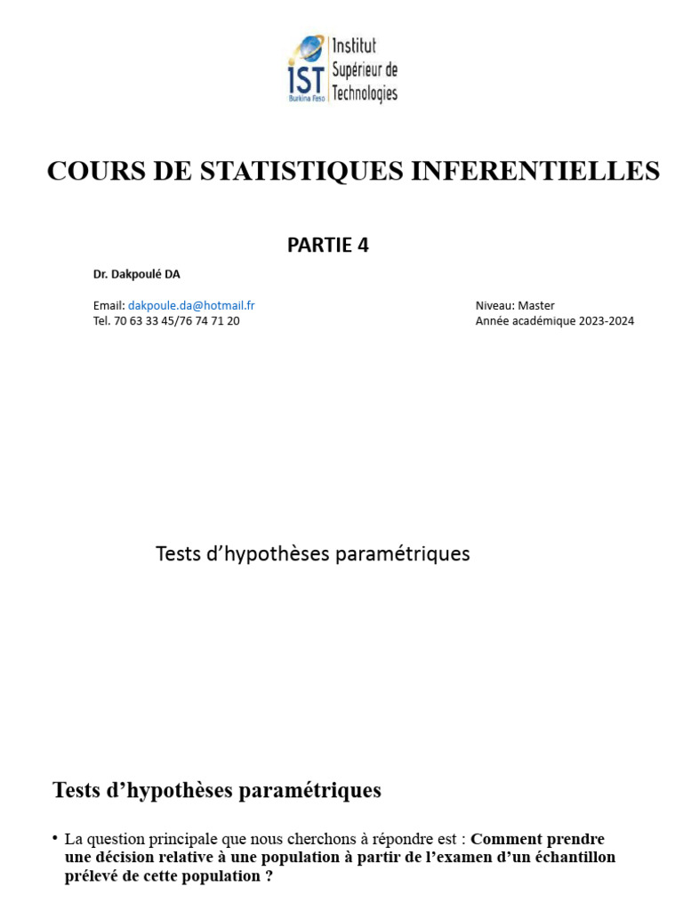 Tests d'hypothèses paramétriques en stats | PDF | Test d'hypothèse ...