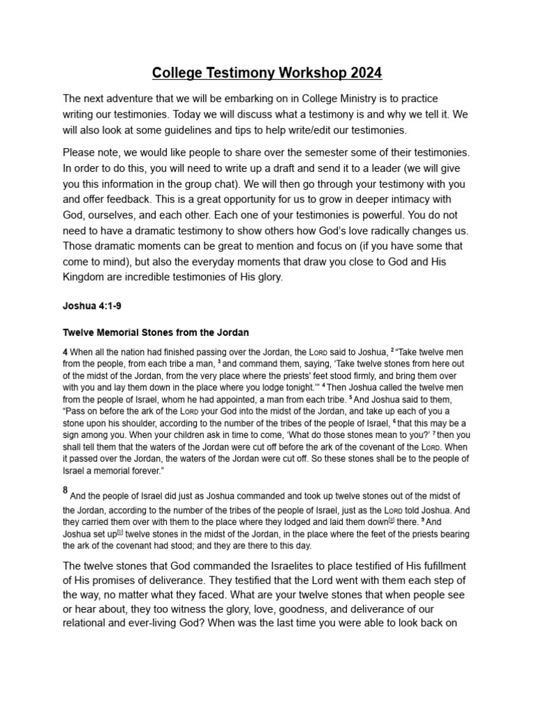 College Testimony Workshop 2024 | PDF | Experience | Jesus