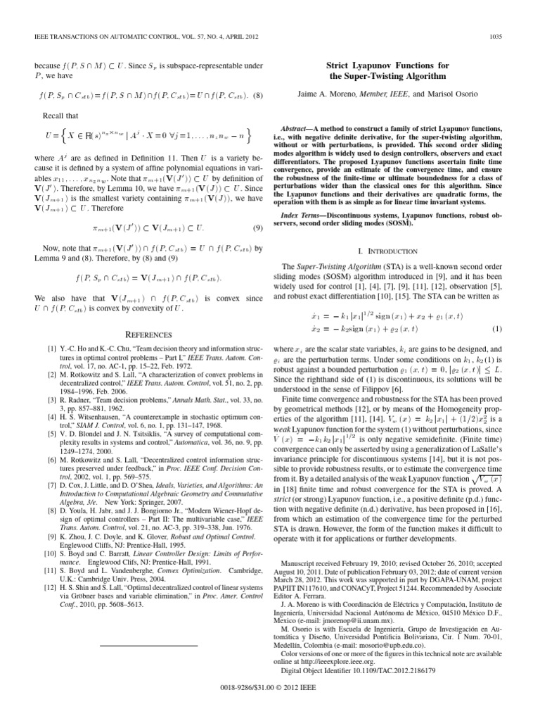 Moreno, Osorio - 2012 - Strict Lyapunov Functions For The Super-Twisting Algorithm | PDF ...