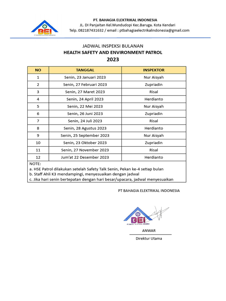 X05 Jadwal Inspeksi Health, Safety and Environment PT Bei 2023 | PDF