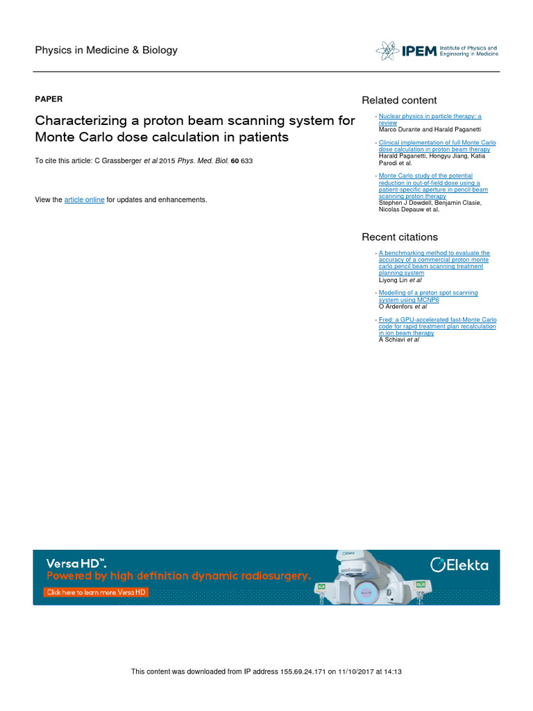 2014 Grassberger Characterizing A Proton Beam Scanning System For Monte Carlo Dose