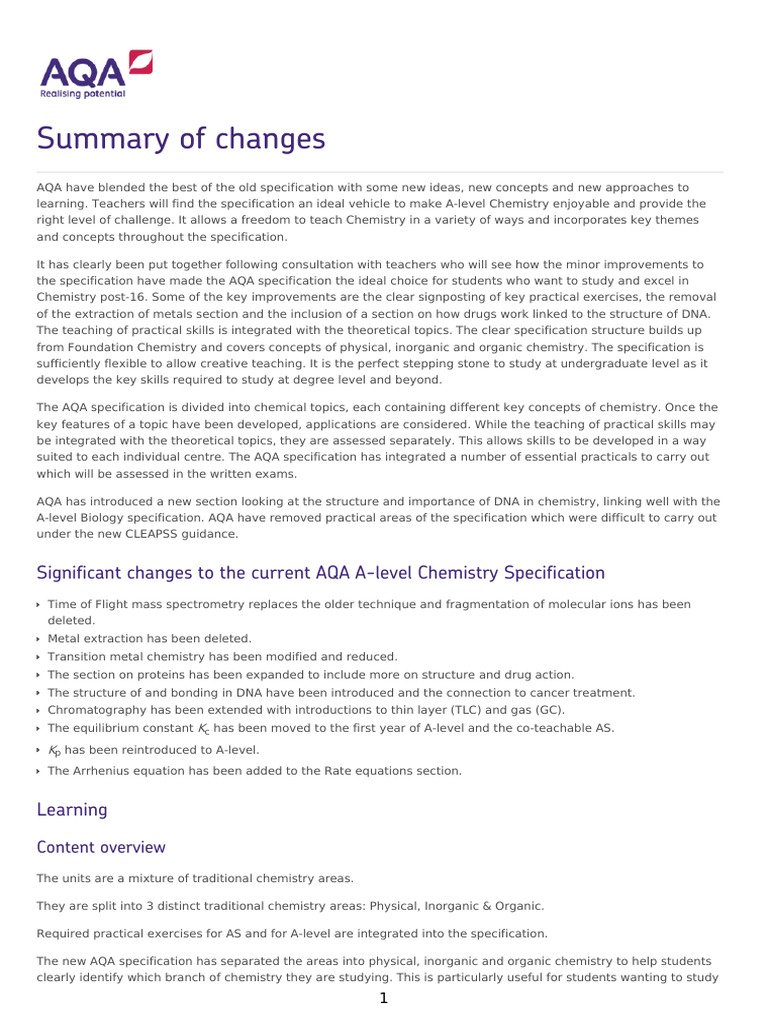 AQA Summary of Changes | PDF | Molecules | Chemistry