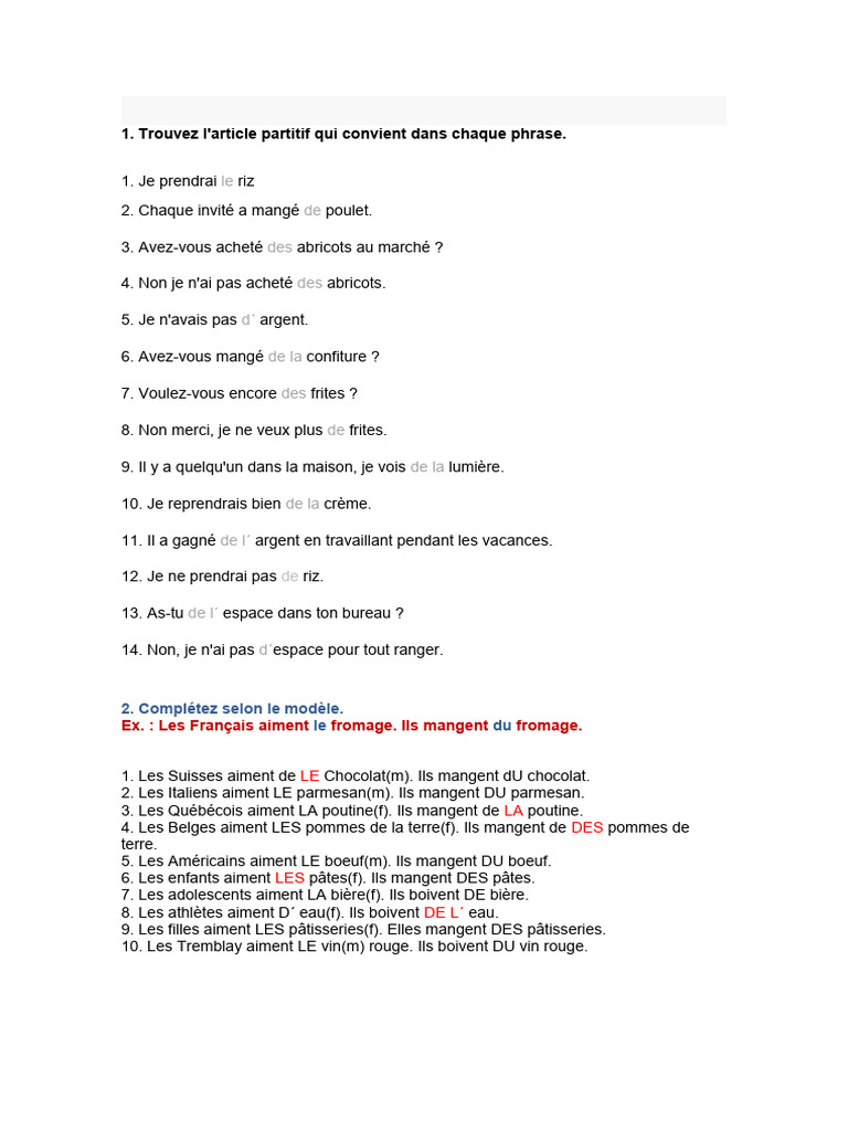 Exercices sur les articles partitifs | PDF