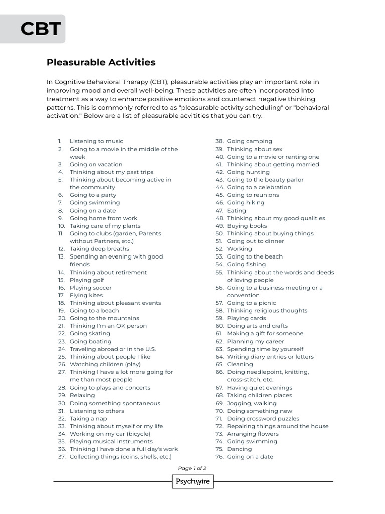 Pleasurable Activities Form | Download Free PDF | Cognitive Behavioral ...