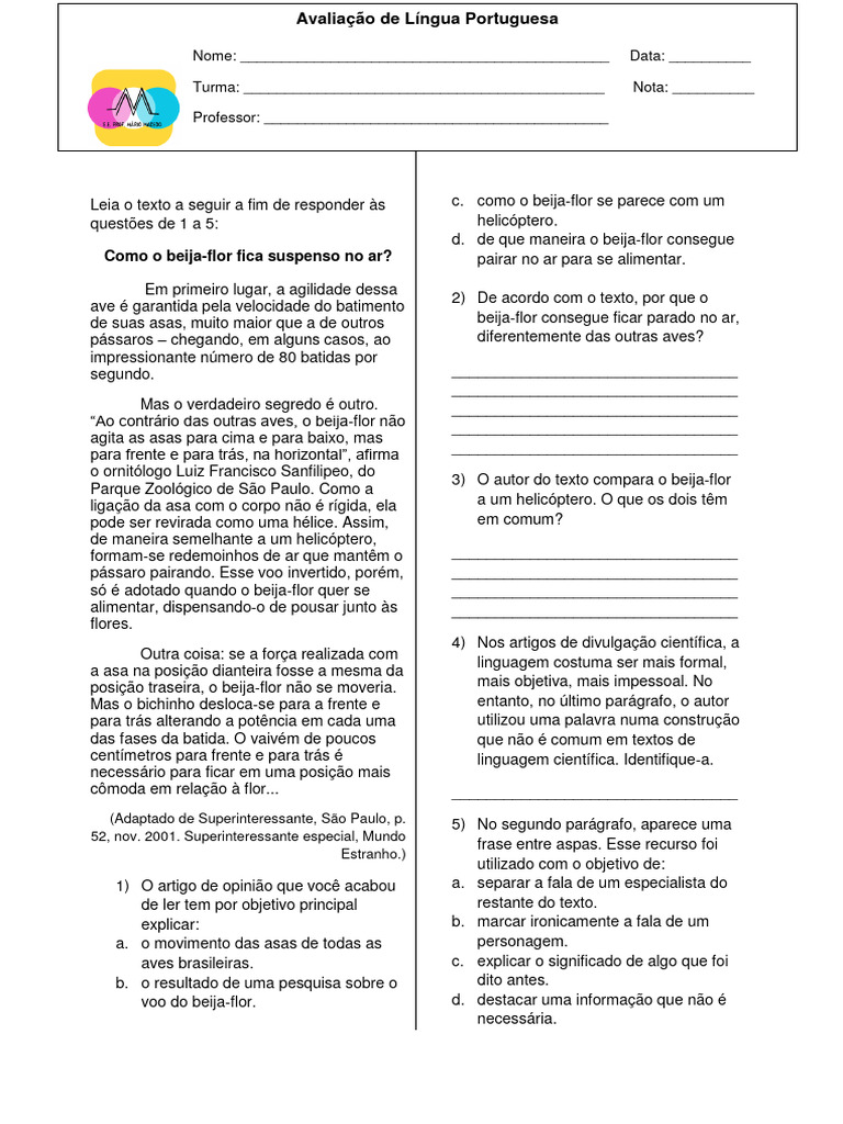 AVALIAÇÃO DE LÍNGUA PORTUGUESA 7A, 7B e 7C PDF | PDF | Aves | Helicóptero