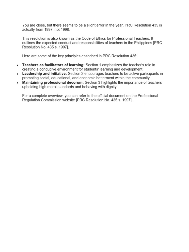 PRC Resolution 435: Teacher Ethics 1997 | PDF | Career & Growth