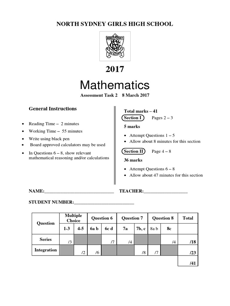 Nsghs HSC 2017 2u Task2 - S | PDF | Volume | Mathematical Objects