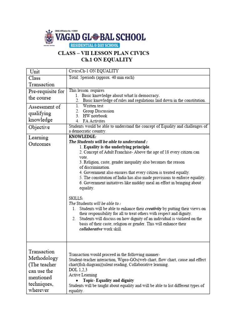 ch1 Lesson Plan VII SST Civics 1 | PDF | Social Equality | Critical ...