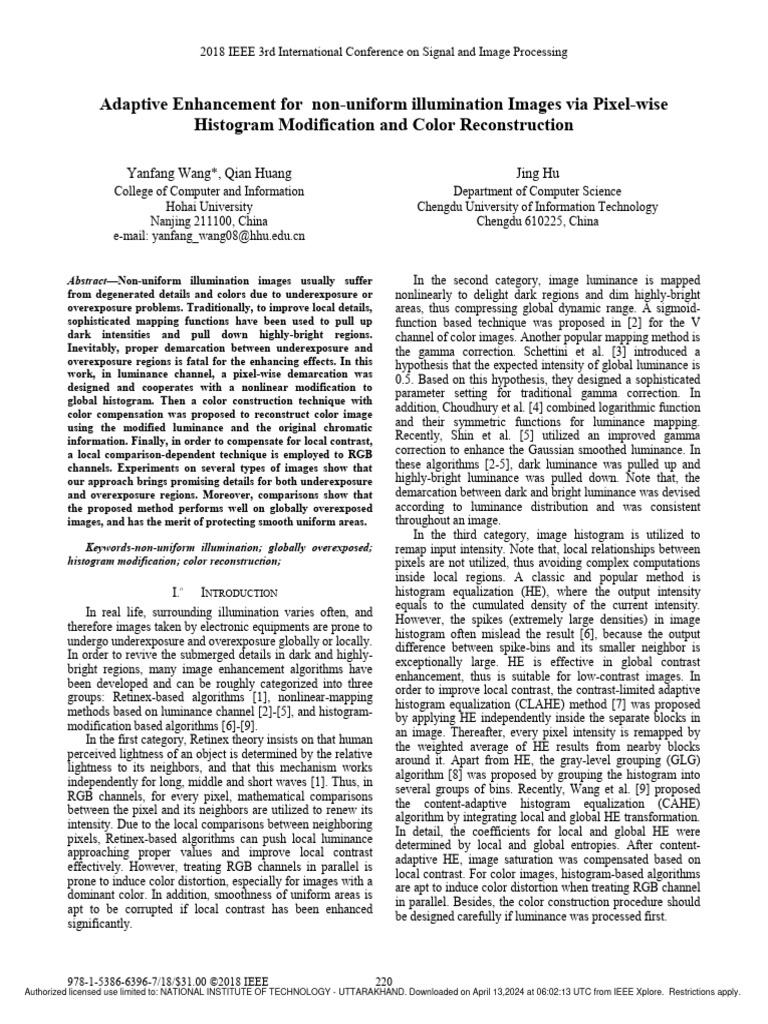 Adaptive Enhancement For Non-Uniform Illumination Images Via Pixel-Wise Histogram Modification ...