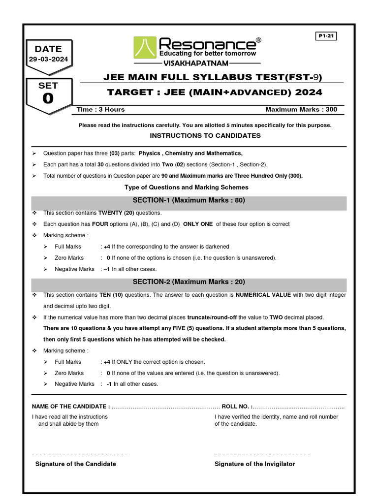 Main Full Syllabus Test (FST-09) QP | PDF | Electron | Gases