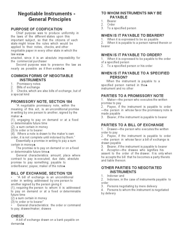 Negotiable Instruments Guide | PDF | Negotiable Instrument | Promissory Note
