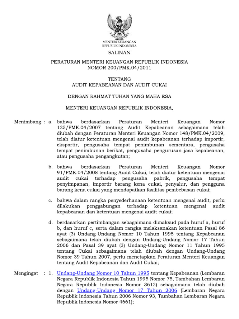 2011 - PMK200 - Audit Kepabeanan Dan Audit Cukai | PDF