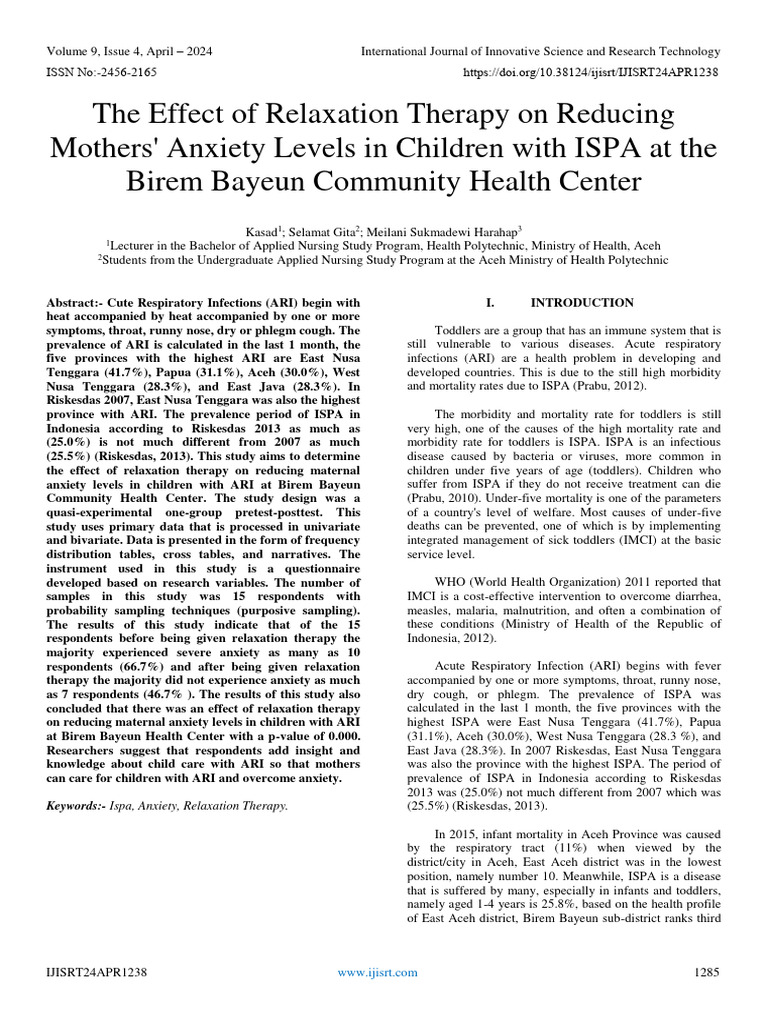 The Effect of Relaxation Therapy on Reducing Mothers' Anxiety Levels in ...