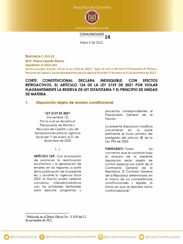 CORTE CONSTITUCIONAL DECLARA INEXEQUIBLE Art 124 Ley 2159 de 2021 | PDF ...