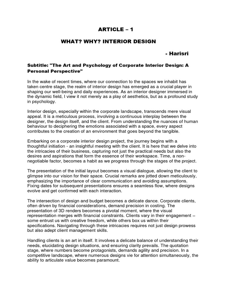 ARTICLE - 1 What Why Interior Design | PDF | Interior Design | Design