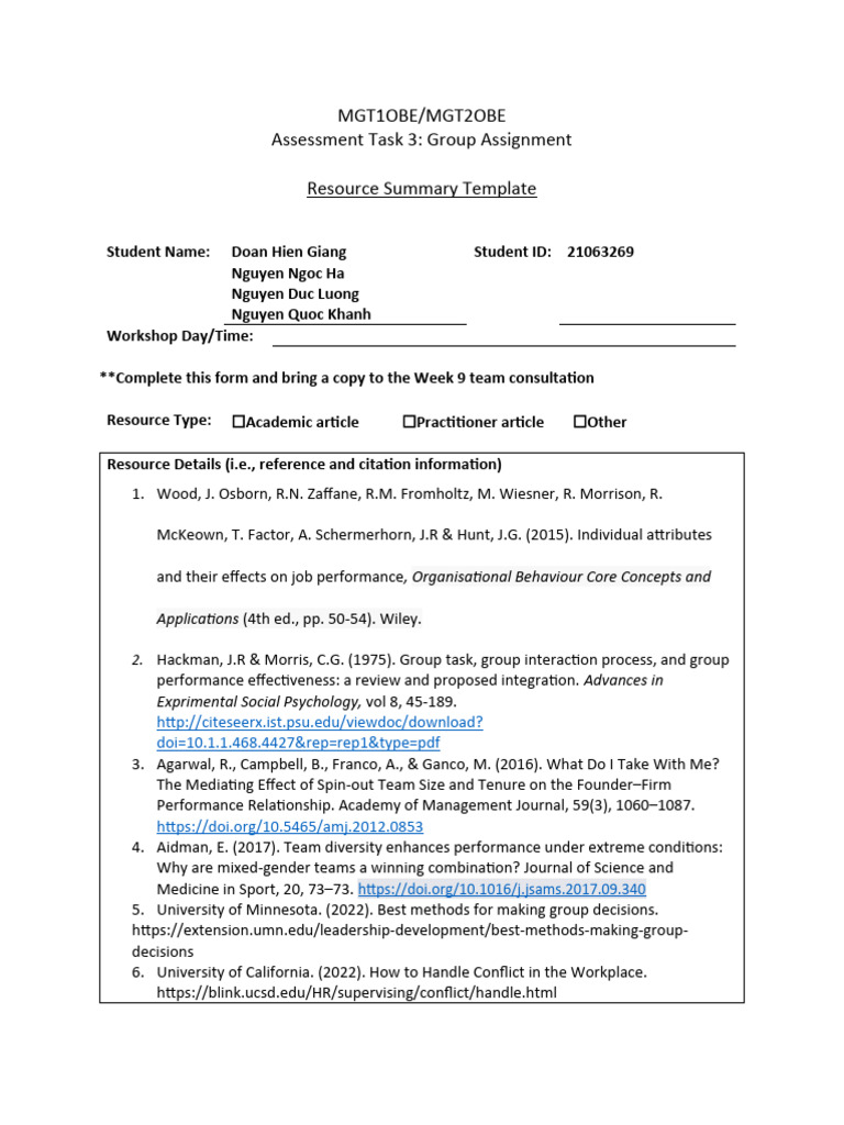 Group Assignment Resource Summary | PDF | Group Decision Making | Science