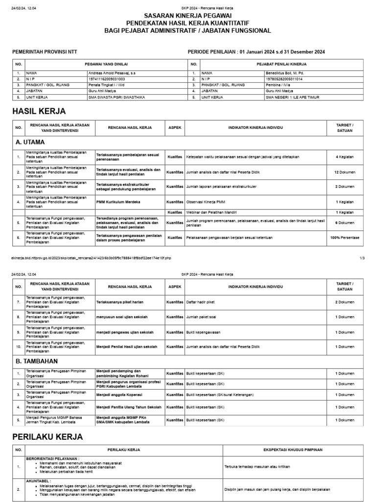 SKP 2024 - Rencana Hasil Kerja BP - Arnol | PDF