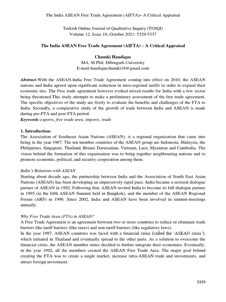 The India ASEAN Free Trade Agreement (AIFTA) - A Critical Appraisal ...