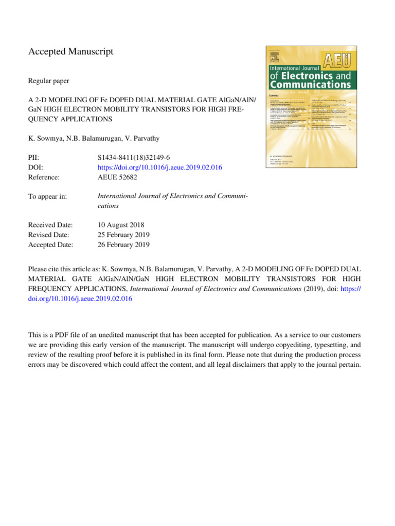 A 2 D Modeling Of Fe Doped Dual Material Gate Alganaln Hemt Pdf