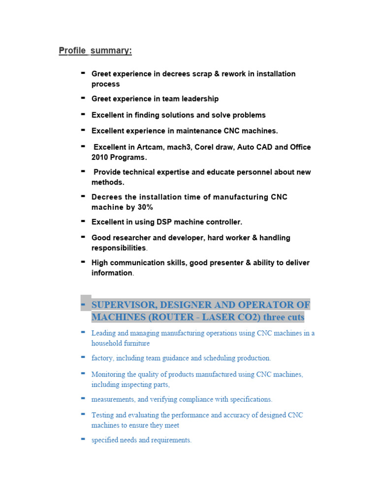 Prof Ile Su Mmary:: Supervisor, Designer and Operator of Machines ...