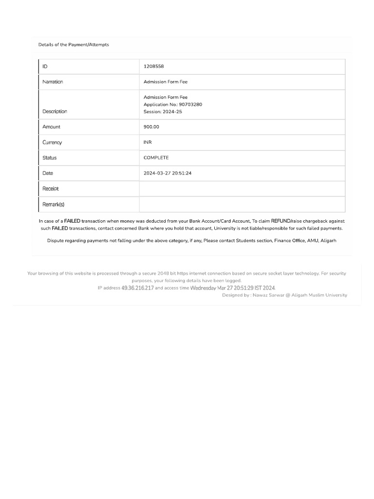 AMU Diploma Engineering Receipt | PDF