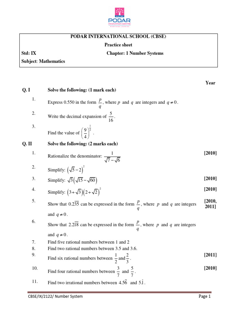 Class 9 Math: Number Systems | PDF | Numbers | Rational Number