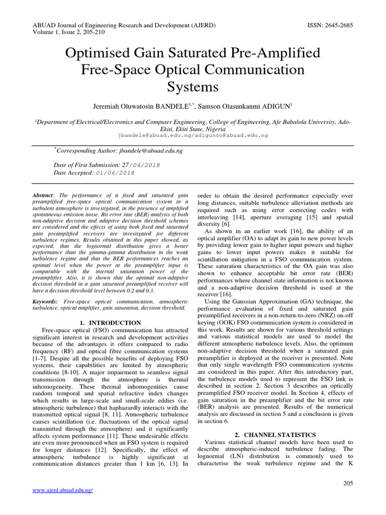 Optimized Gain Saturated Preamplified Free-Space Optical Communication Systems | PDF | Optics ...