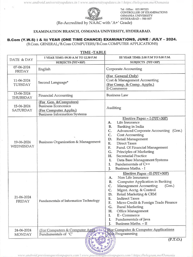 OU B.Com YWS One Time Chance Time Table May 2024 | PDF | Business ...