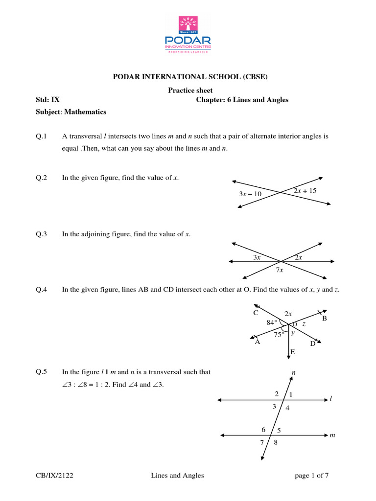 1691503744936.QP - PS - CBSE - STD IX - Math - 6 - Lines and Angles | PDF | Triangle | Angle