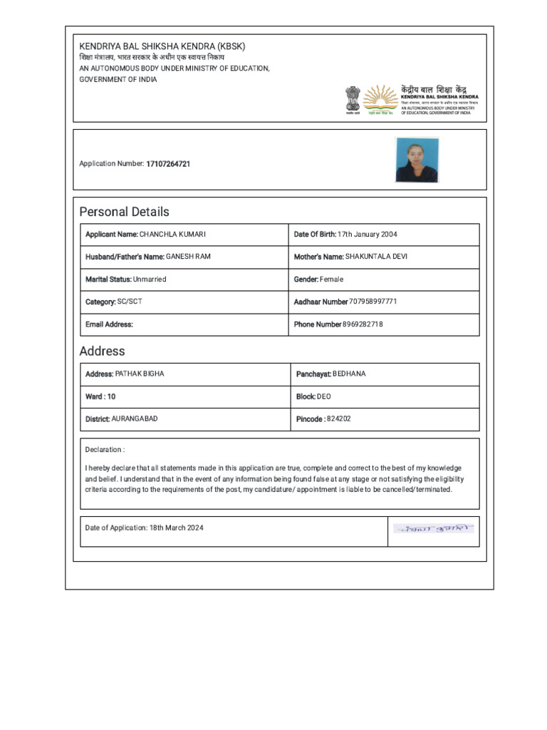 Kendriya Bal Shiksha Kendra (KBSK) - Application Forms | PDF