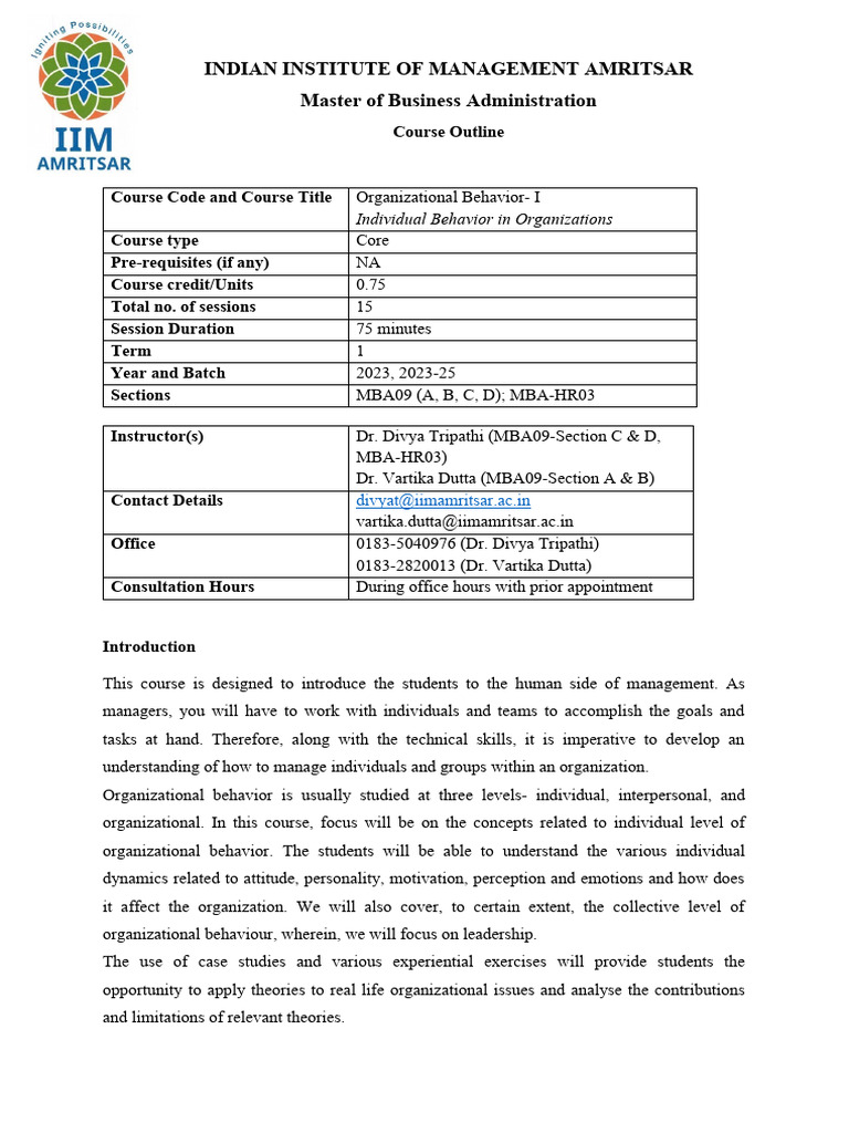 IBO MBA09 MBAHR03 Course Outline 2023-24 Revised | PDF | Motivational | Motivation