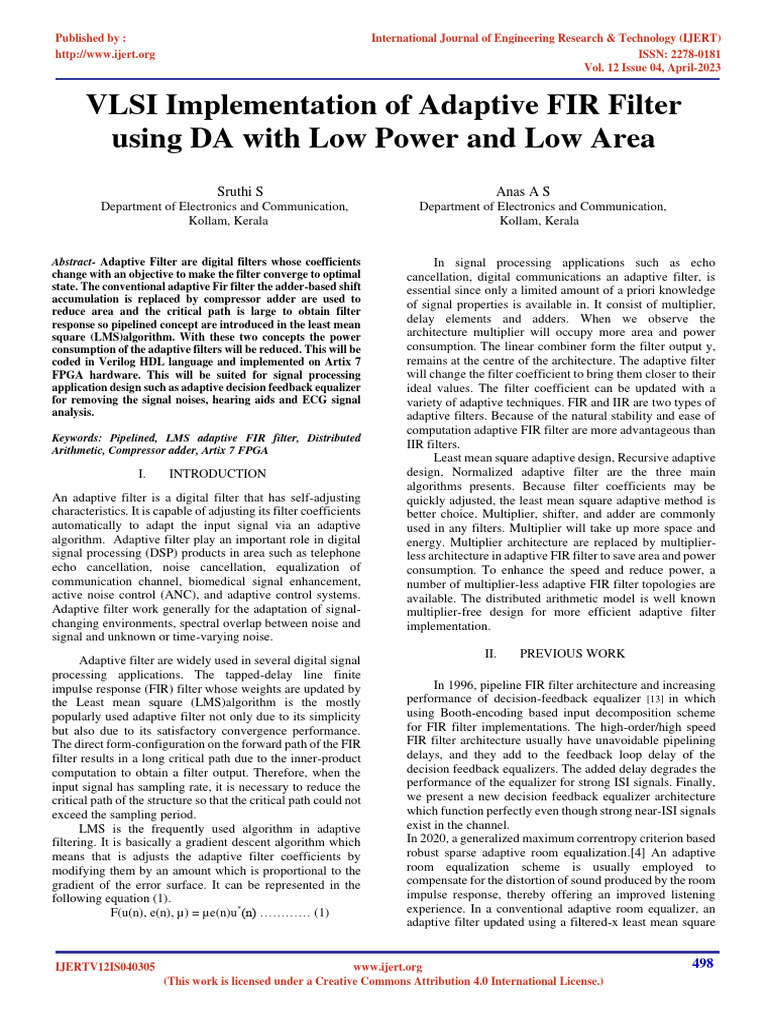VLSI Implementation of Adaptive FIR Filter Using DA With Low Power and ... VLSI Implementation of Adaptive FIR Filter Using DA With Low Power and ...
