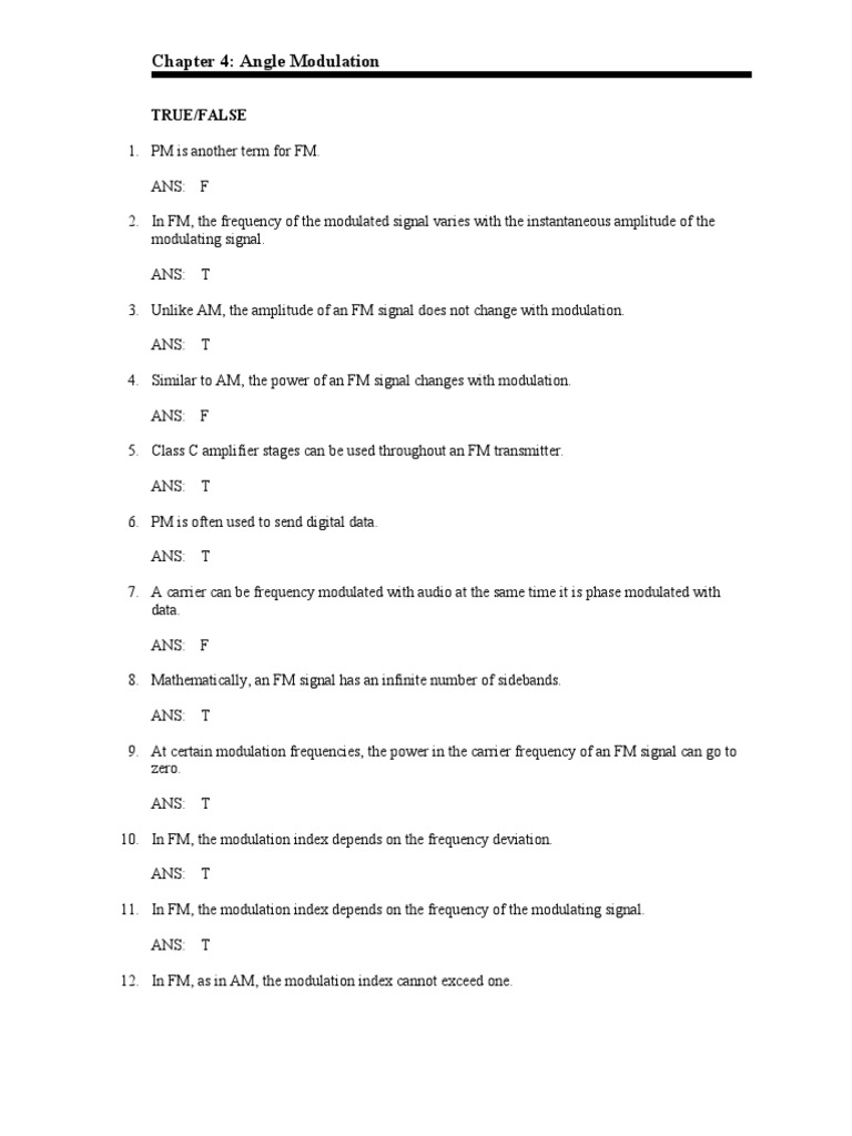 Chapter 4: Angle Modulation: True/False | PDF | Frequency Modulation | Modulation