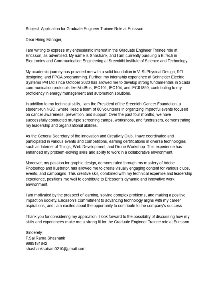 Cover Letter Ericsson | PDF | Cognition