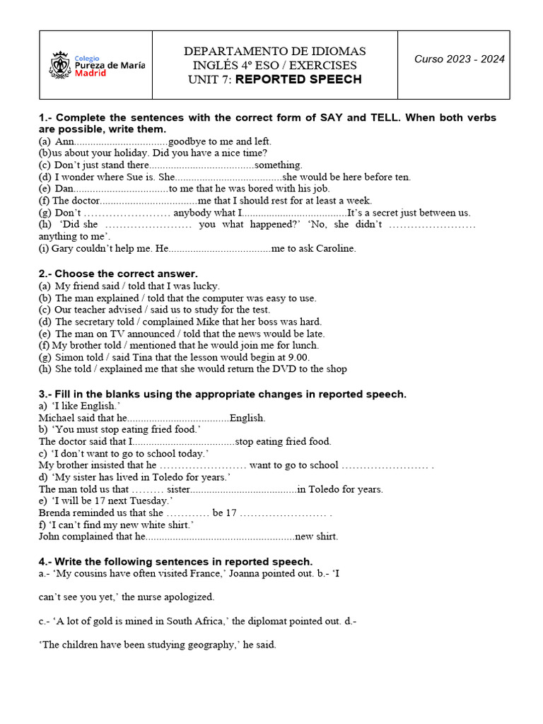 Unit 7 Exercises Reported Speech | PDF